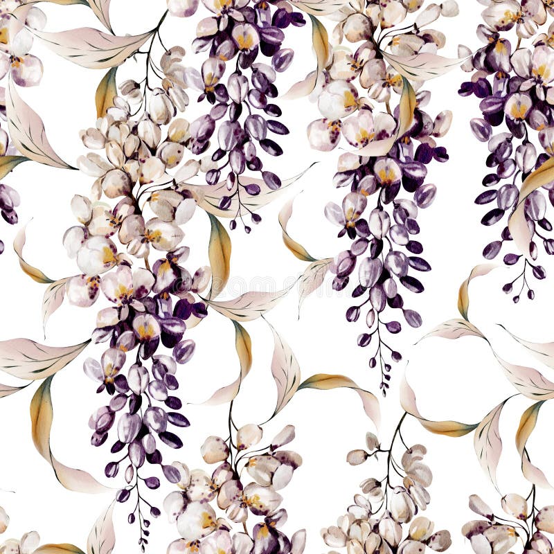 Watercolor Pattern with Wisteria Flowers and Leaves Stock Illustration ...