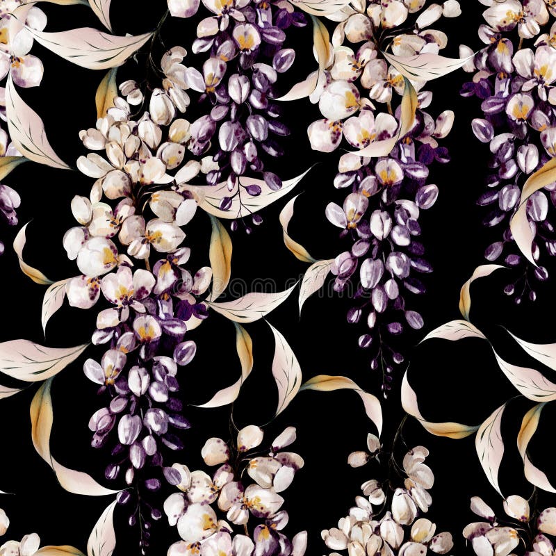 Watercolor Pattern with Wisteria Flowers and Leaves Stock Illustration ...