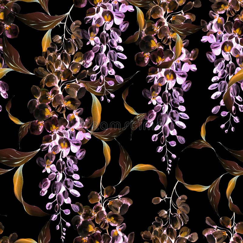 Watercolor Pattern with Wisteria Flowers and Leaves Stock Illustration ...