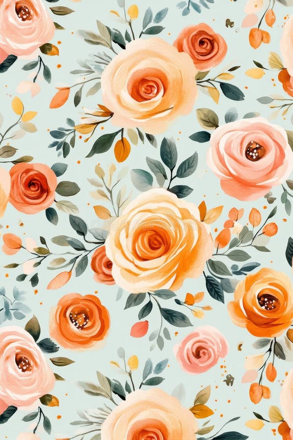 Watercolor Peach and Orange Floral Pattern, Light Mint Green Background ...