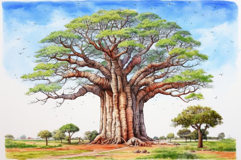 Watercolor and Pencil Drawing of Baobab Tree. Generative AI Stock ...
