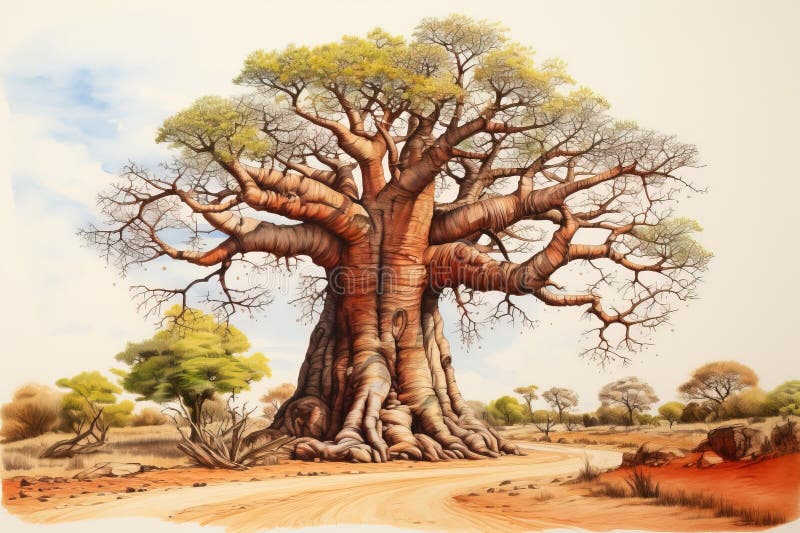 Watercolor and Pencil Drawing of Baobab Tree. Generative AI Stock ...
