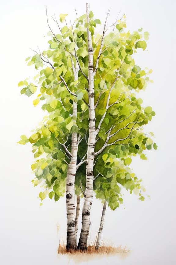 Watercolor and Pencil Drawing of Birch Tree. Generative AI Stock ...