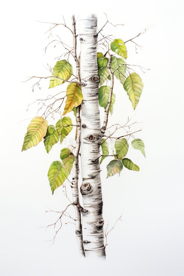 Watercolor and Pencil Drawing of Birch Tree. Generative AI Stock ...