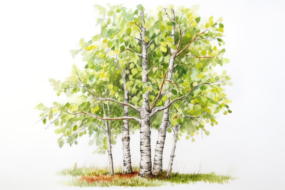 Watercolor and Pencil Drawing of Birch Tree. Generative AI Stock ...