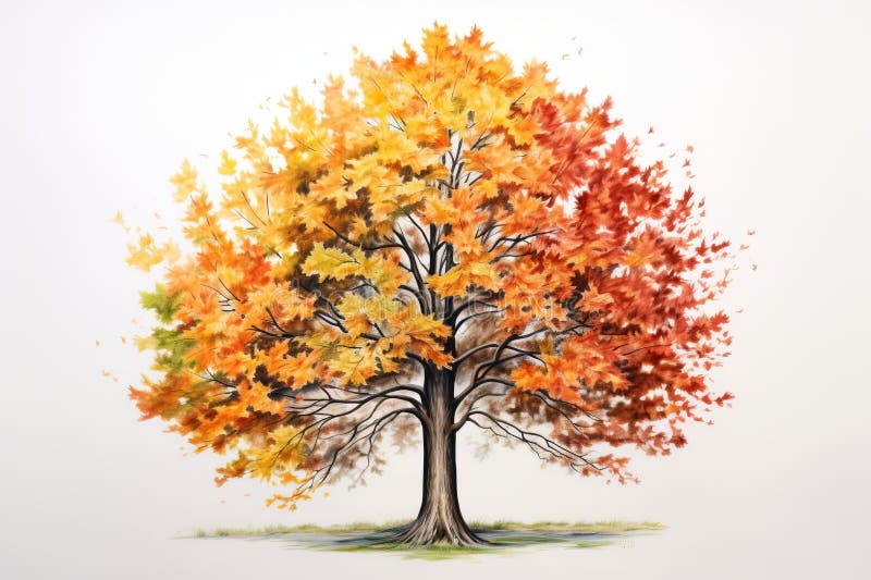 Watercolor and Pencil Drawing of Maple Tree. Generative AI Stock ...