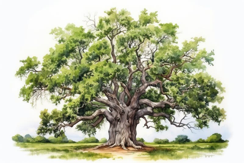 Watercolor and Pencil Drawing of Oak Tree. Generative AI Stock ...