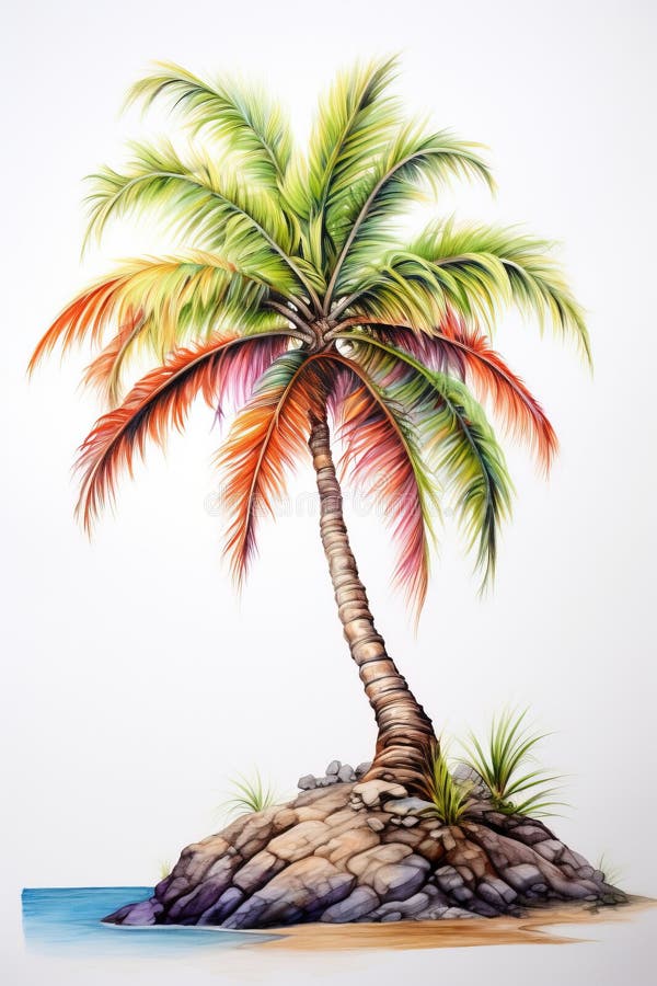 Watercolor and Pencil Drawing of Palm Tree. Generative AI Stock ...