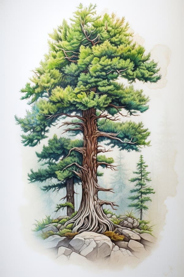 Watercolor and Pencil Drawing of Pine Tree. Generative AI Stock ...