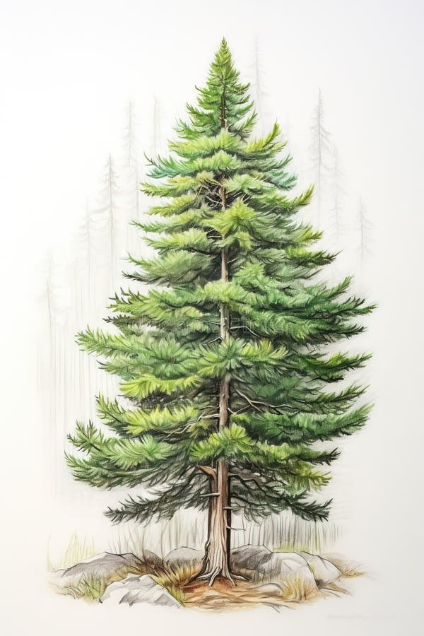 Watercolor and Pencil Drawing of Spruce Tree. Generative AI Stock ...