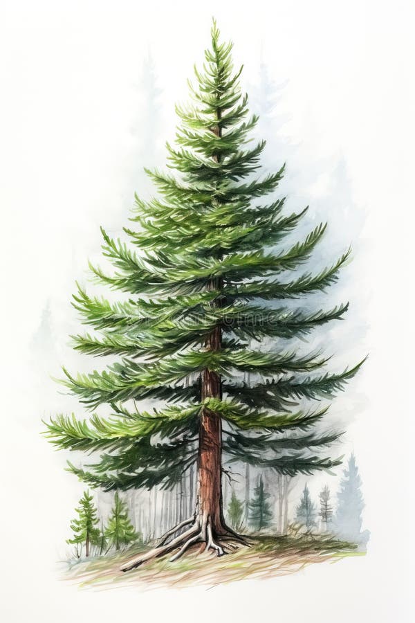 Watercolor and Pencil Drawing of Spruce Tree. Generative AI Stock ...