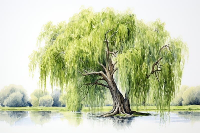 Watercolor and Pencil Drawing of Willow Tree. Generative AI Stock ...