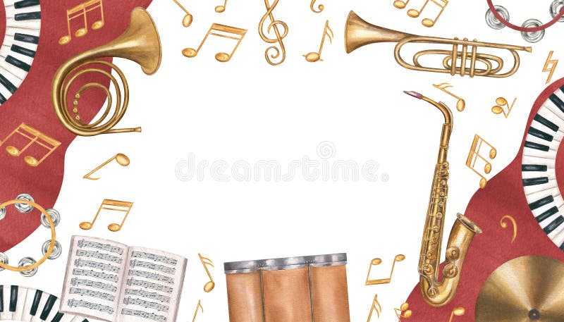 Watercolor Percussion, String and Wind Instruments, Musical Notes, Red ...