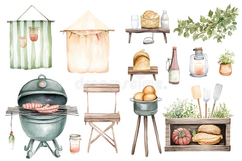 Watercolor Picnic and BBQ Elements Stock Illustration - Illustration of ...