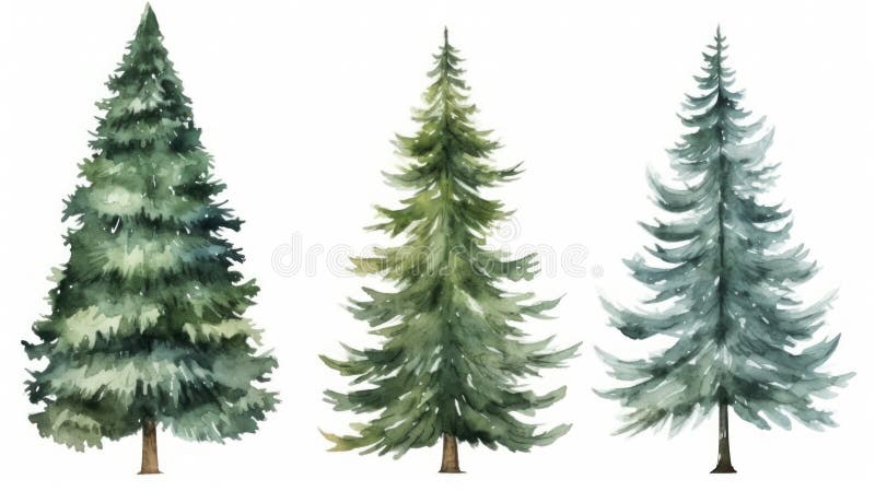 Watercolor Pine Trees Set Isolated on White Background. Hand Drawn ... Watercolor Pine Trees Set Isolated on White Background. Hand Drawn ...