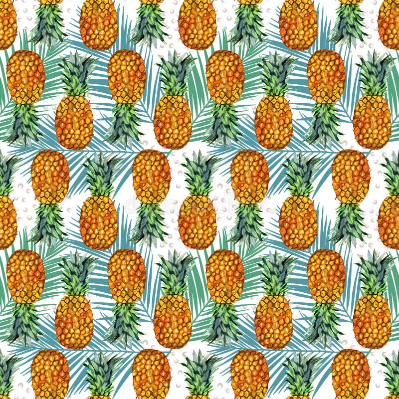 Watercolor Pineapple and Palm Leaves Seamless Pattern Illustration. Tropical Background Stock ...