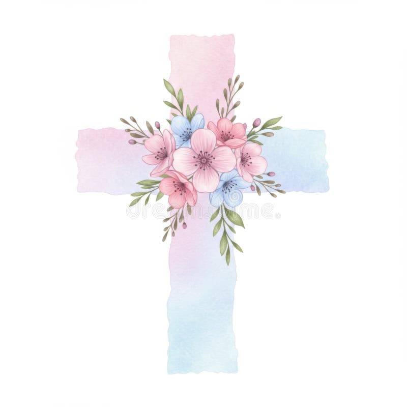 Watercolor Pink and Blue Floral Cross Design Stock Illustration ...