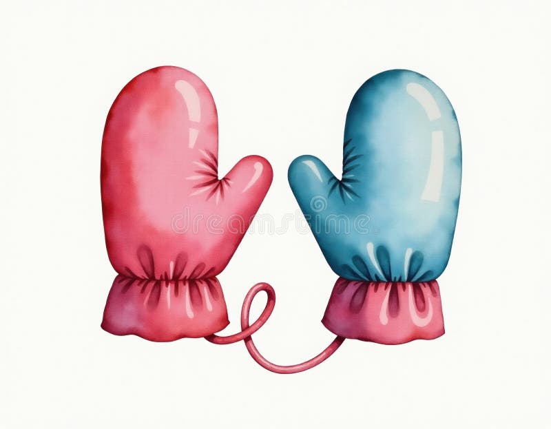 Watercolor Pink and Blue Mittens Connected by String Stock Illustration ...