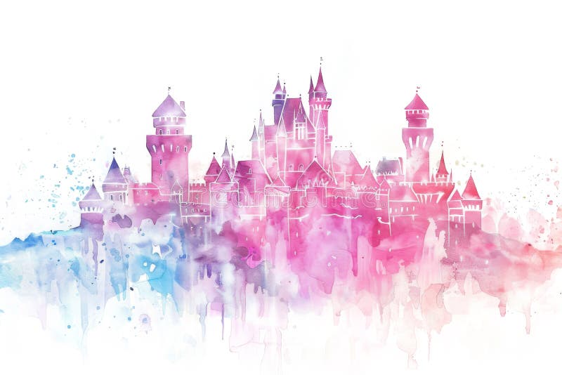 Watercolor Pink Castle Isolated Stock Illustration - Illustration of ...