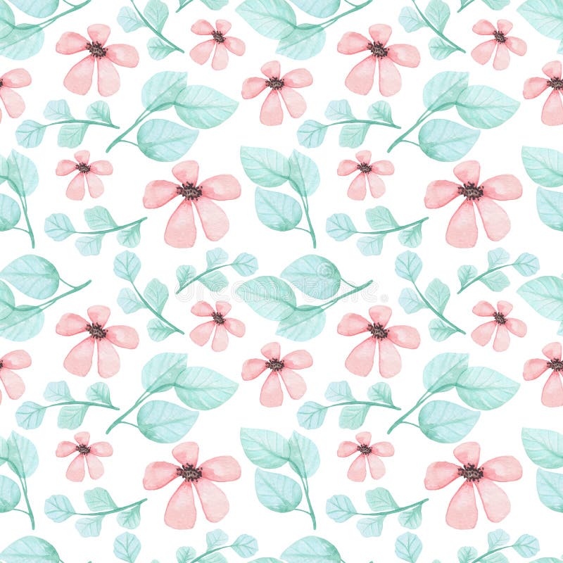 Watercolor Pink Flowers and Green Leaves Seamless Pattern Stock ...