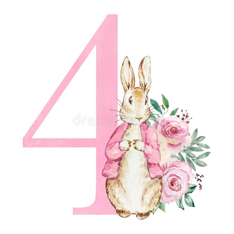 Watercolor Pink Number 4 with Peter Rabbit Stock Illustration ...