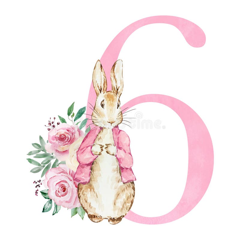 Watercolor Pink Number 6 with Peter Rabbit Stock Illustration ...