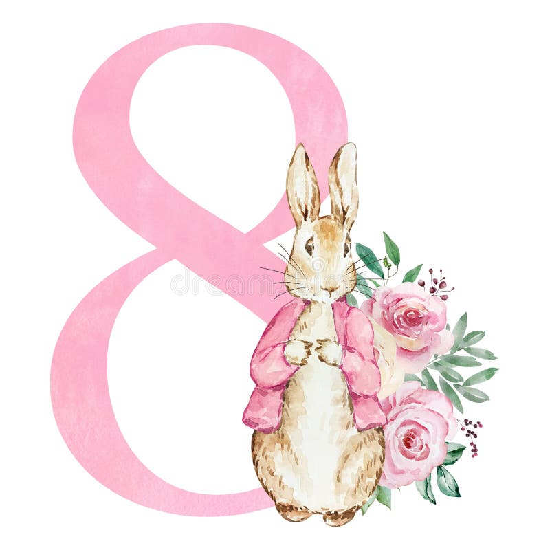 Watercolor Pink Number 8 with Peter Rabbit Stock Illustration ...