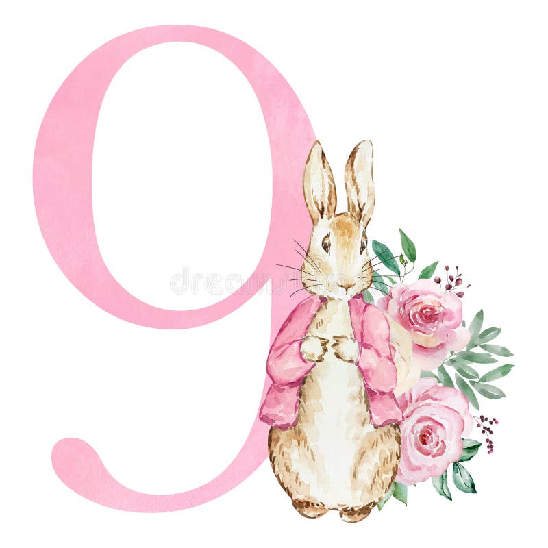 Watercolor Pink Number 9 with Peter Rabbit Stock Illustration ...
