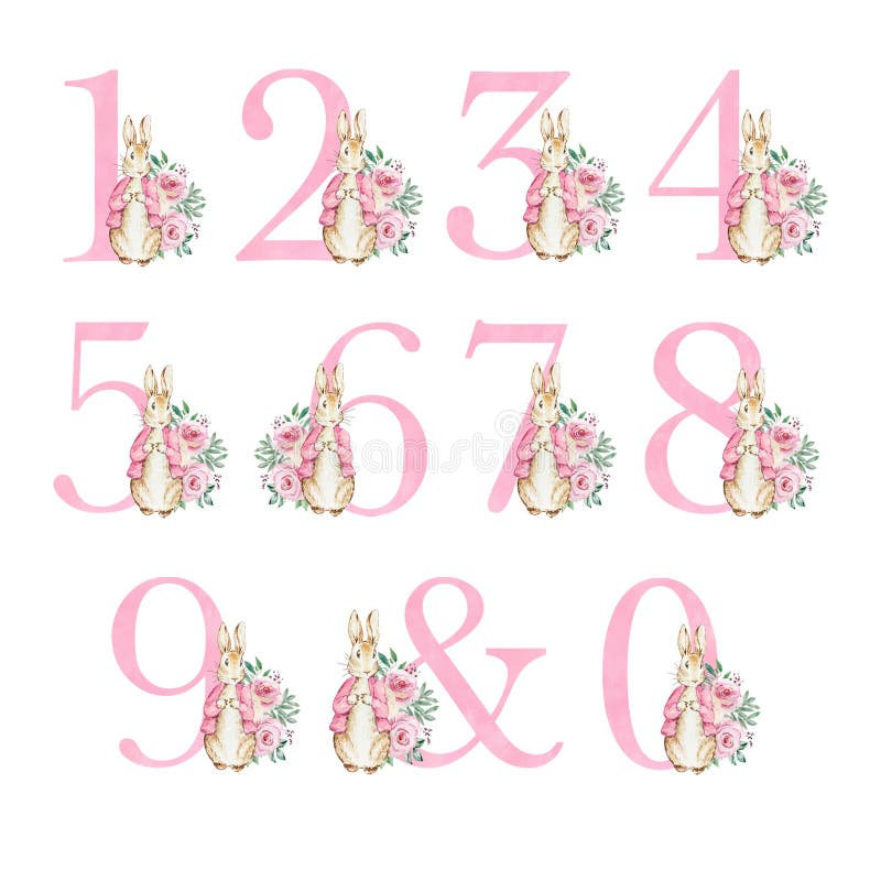 Watercolor Pink Numbers Set with Peter Rabbit Stock Illustration ...