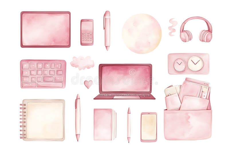 Watercolor Pink Office Supplies & Devices Stock Illustration ...