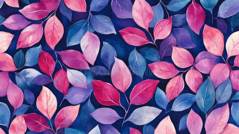 Watercolor Pink Purple Blue Leaves Pattern on Dark Background Stock ...