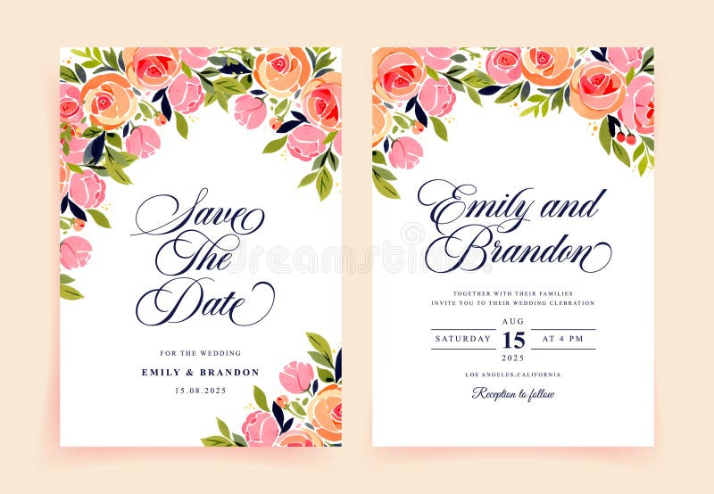 Watercolor Pink Roses Wedding Invitation Card Set Stock Vector ...