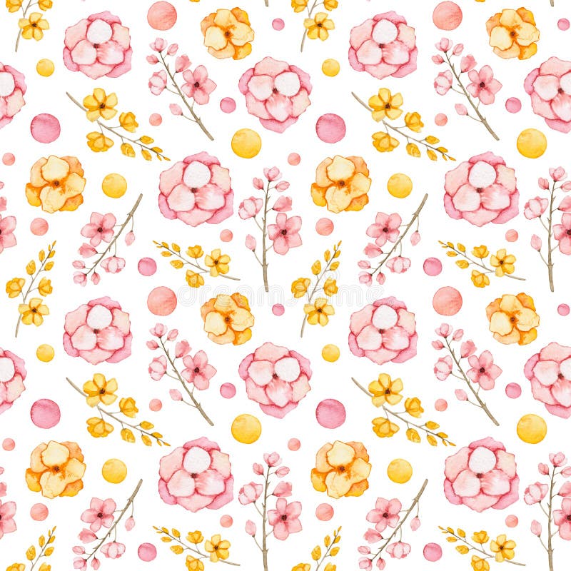 Watercolor Pink and Yellow Flowers and Branches Seamless Pattern Stock ...