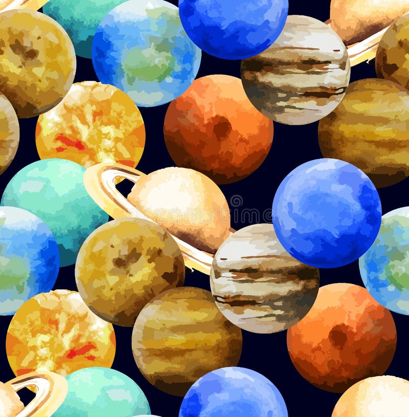 Colorful Watercolor Planets Seamless Pattern Stock Illustration ...