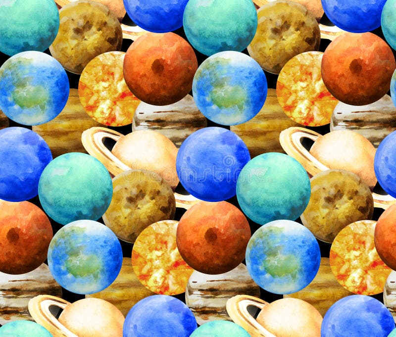 Watercolor planets pattern stock illustration. Illustration of creative ...