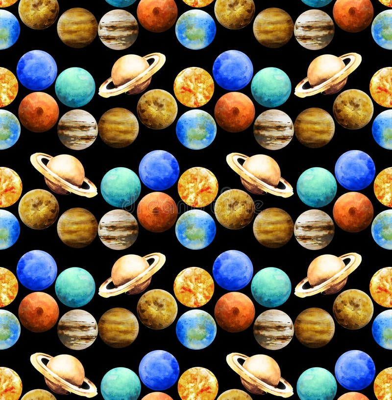 Watercolor planets pattern stock photo. Image of pattern - 83541436