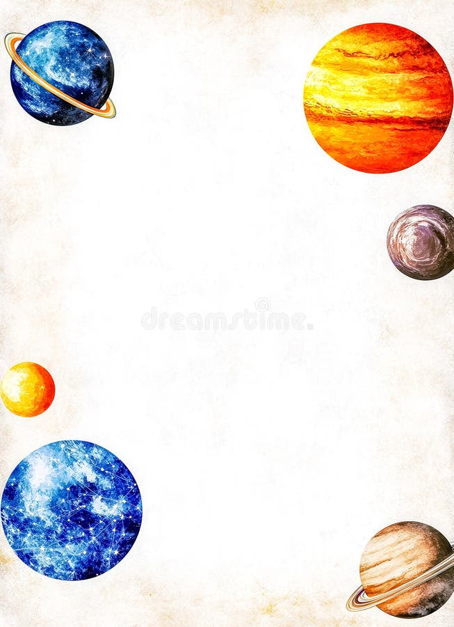 Watercolor Planets and Stars Frame on Old Paper Background Stock Photo ...