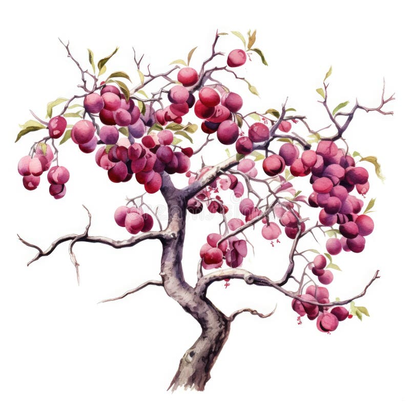 Watercolor - Plum Tree on a White Background Stock Illustration - Illustration of background ...