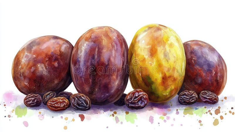 Watercolor Plums and Raisins on White Background for Art Projects ...