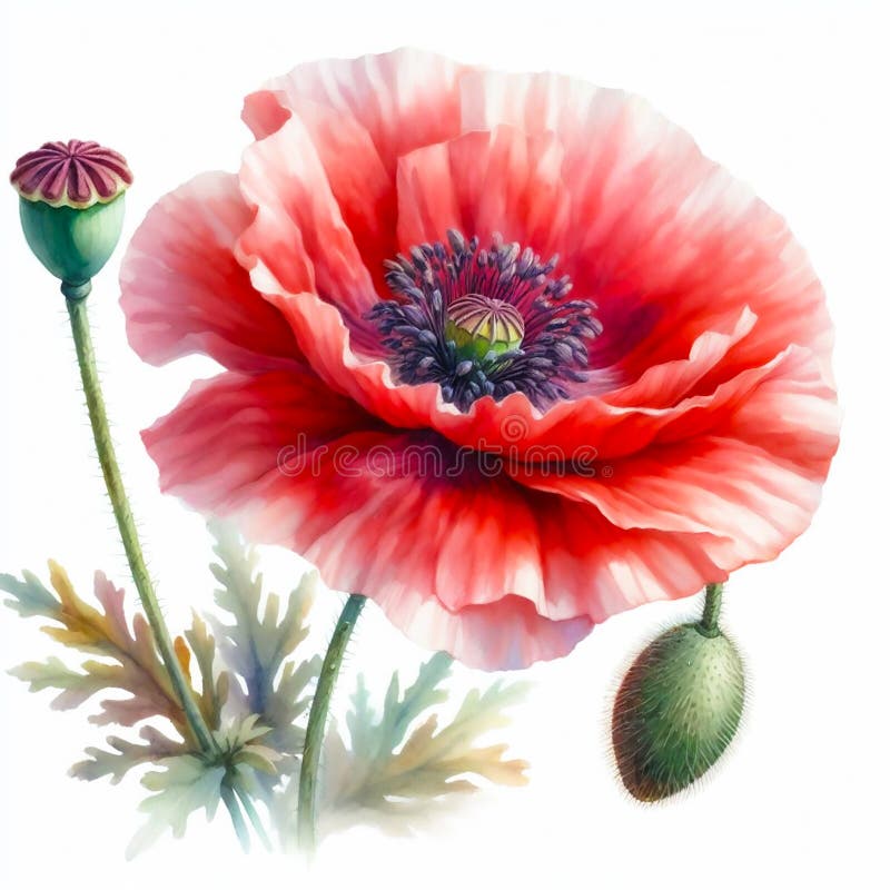 Watercolor Poppy Illustration on White Background. AI Generated Stock ...