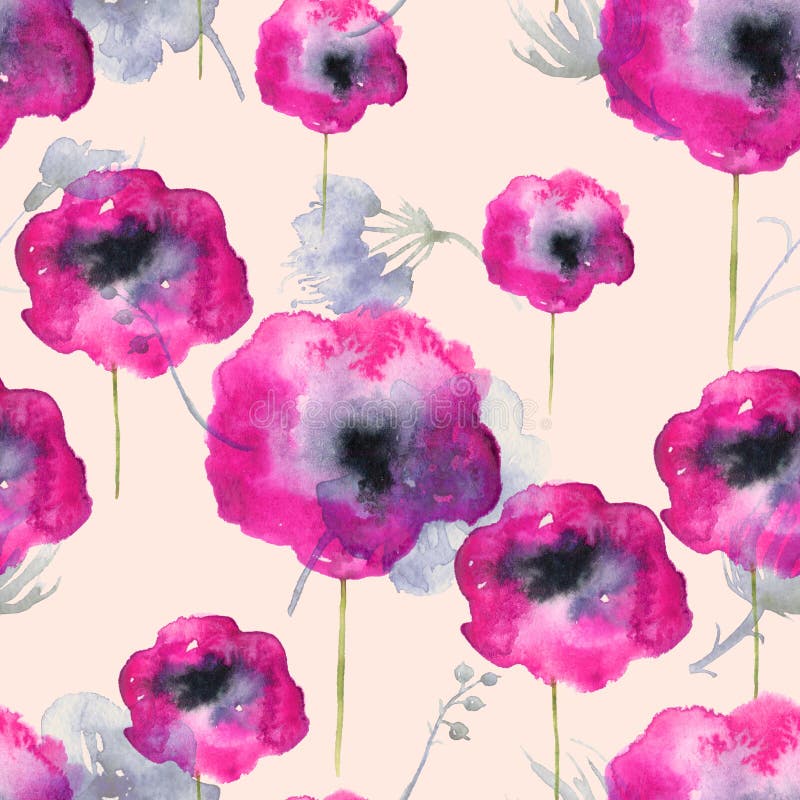 Watercolor Poppy Watercolor Vintage Seamless Pattern With Drawing