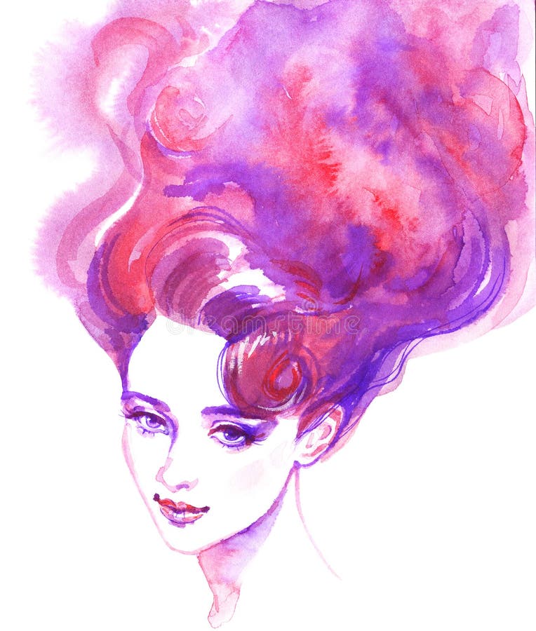 Watercolor Portrait Of Beautiful Woman On The Beach Stock Illustration