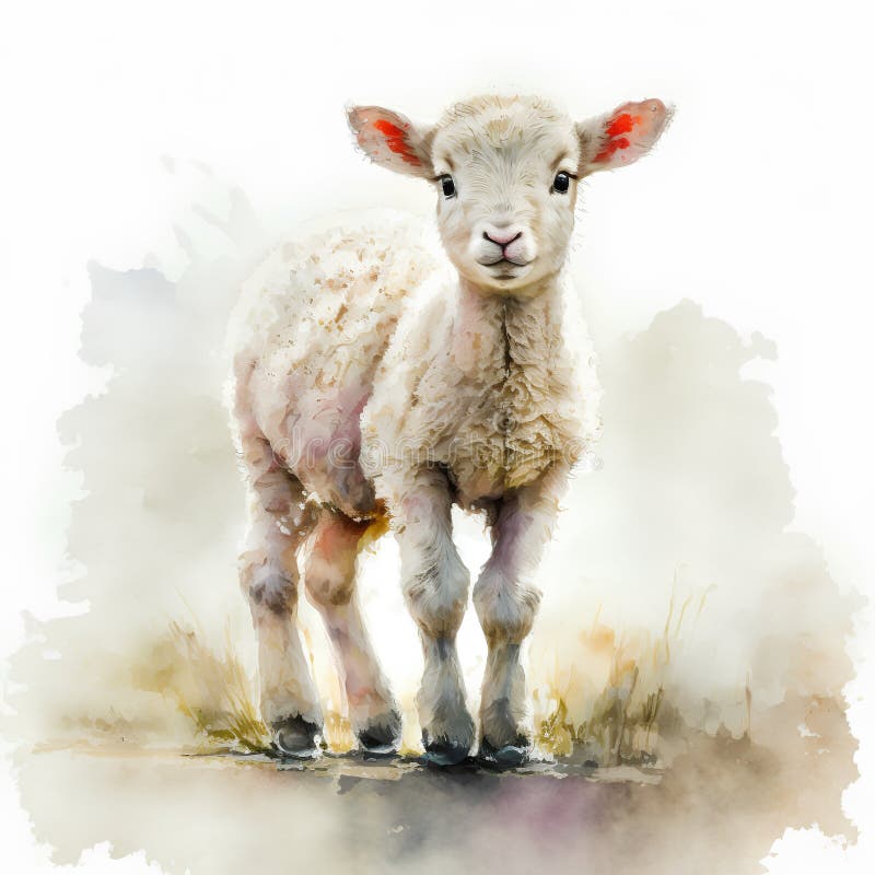 Watercolor Portrait of a Cute Lamb Standing in the Meadow. Stock ...