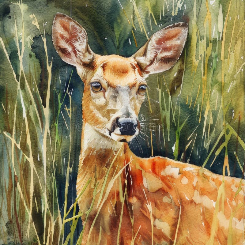 Watercolor Portrait of Deer in the Grass Stock Illustration ...