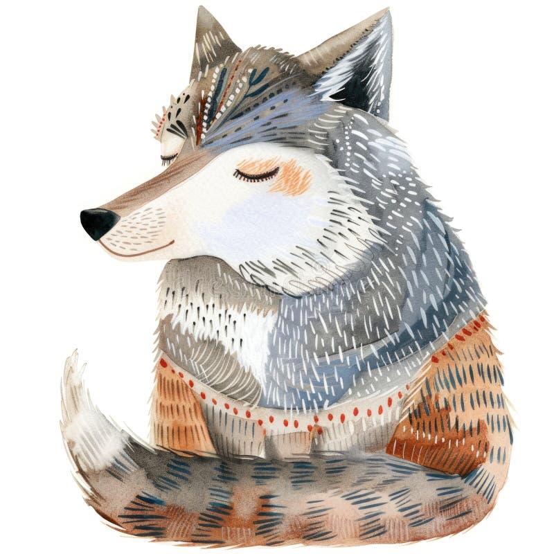 Watercolor Portrait of a Sleepy Wolf with Detailed Fur Patterns Stock ...