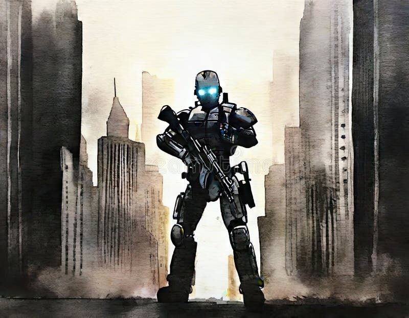 Watercolor of Post Apocalyptic Terminator in Front of Skyscraper Stock ...
