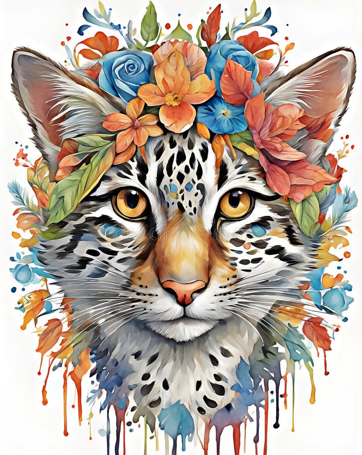 Watercolor Poster Leopard with Flowers and on a White Background ...