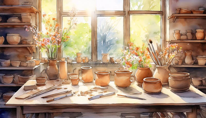 Watercolor of a Pottery Workspace with Tools and Plants by a Window ...