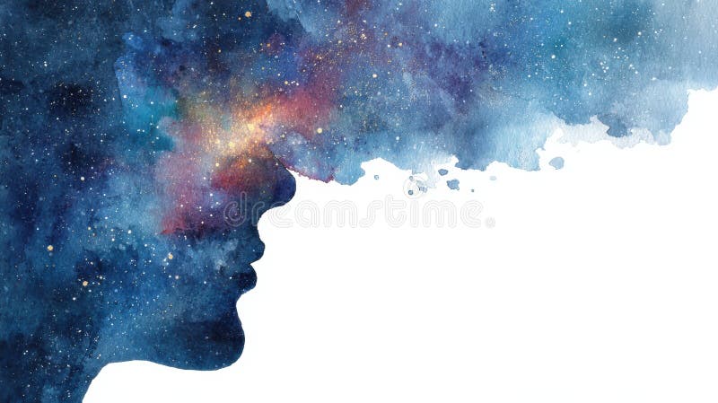 Watercolor Profile of a Head with a Galaxy Inside and a Blank Left Side ...