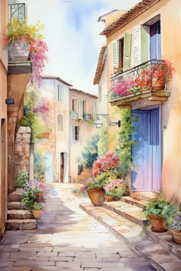 Watercolor Provence Streets with Windows and Houses Stock Photo - Image ...